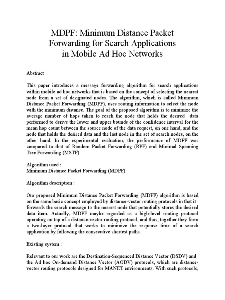 MDPF Minimum Distance Packet | PDF | Routing | Wireless Ad Hoc Network