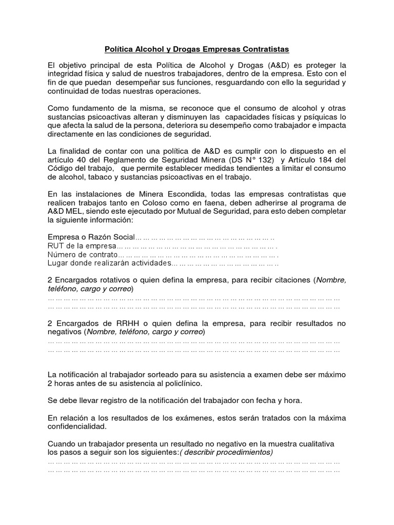 Política Alcohol y Drogas para Adherirse A Programa de Minera Escondida ...
