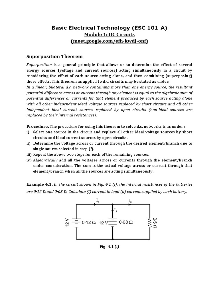 Basic Electrical Technology (ESC 101-A) Module 1: DC Circuits Superposition Theorem | PDF ...
