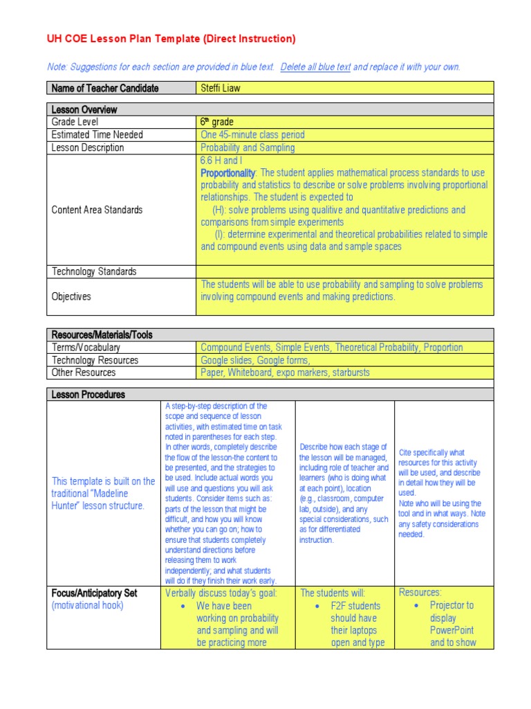UH COE Lesson Plan Template (Direct Instruction) | PDF | Lesson Plan ...