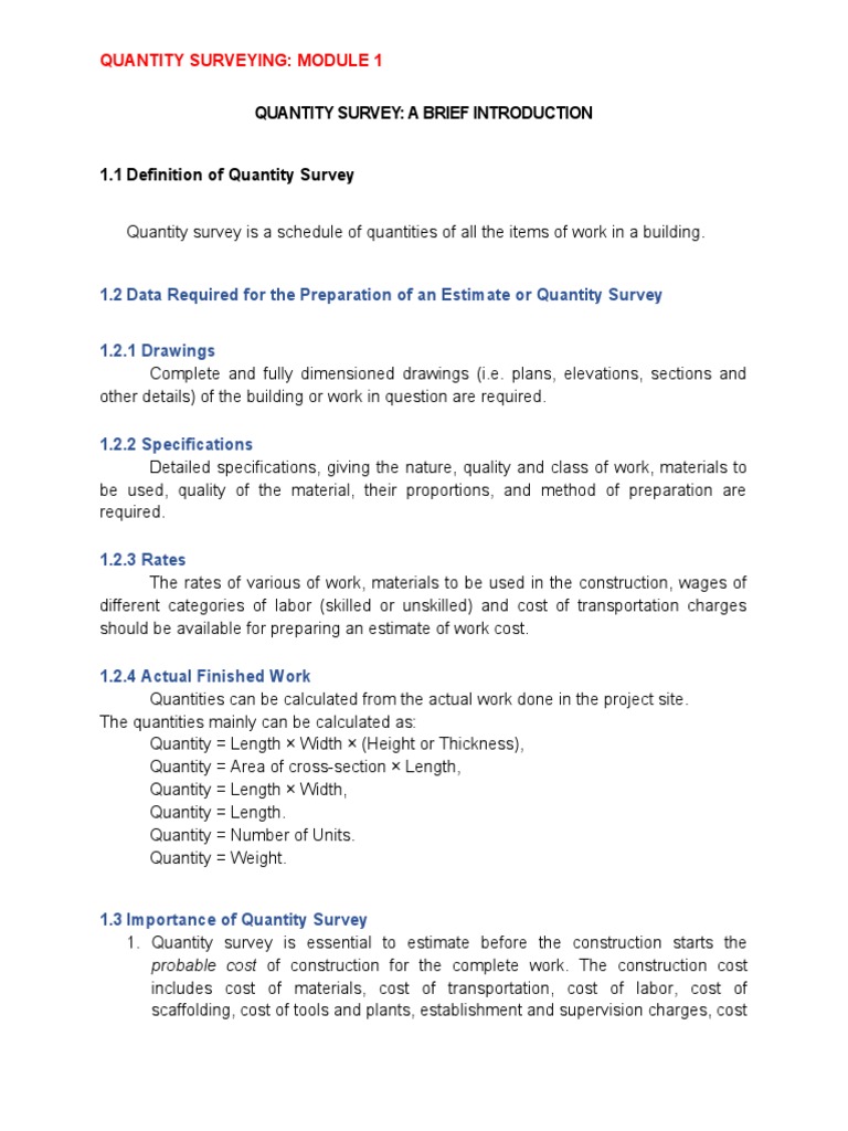 Quantity Survey: A Brief Introduction: 1.2 Data Required For The ...