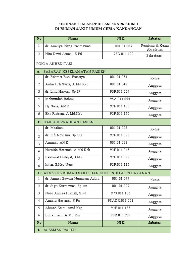 Susunan Tim Akreditasi Snars Edisi I | PDF