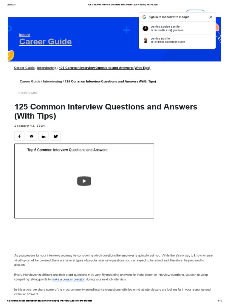125 Common Interview Questions And Answers With Tips Pdf Interview Performance Indicator