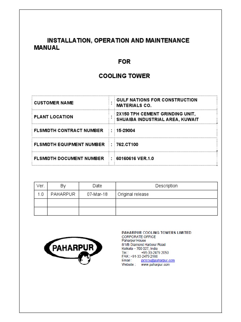 Manual For Cooling Tower Installation Operation And Maintenance Pdf
