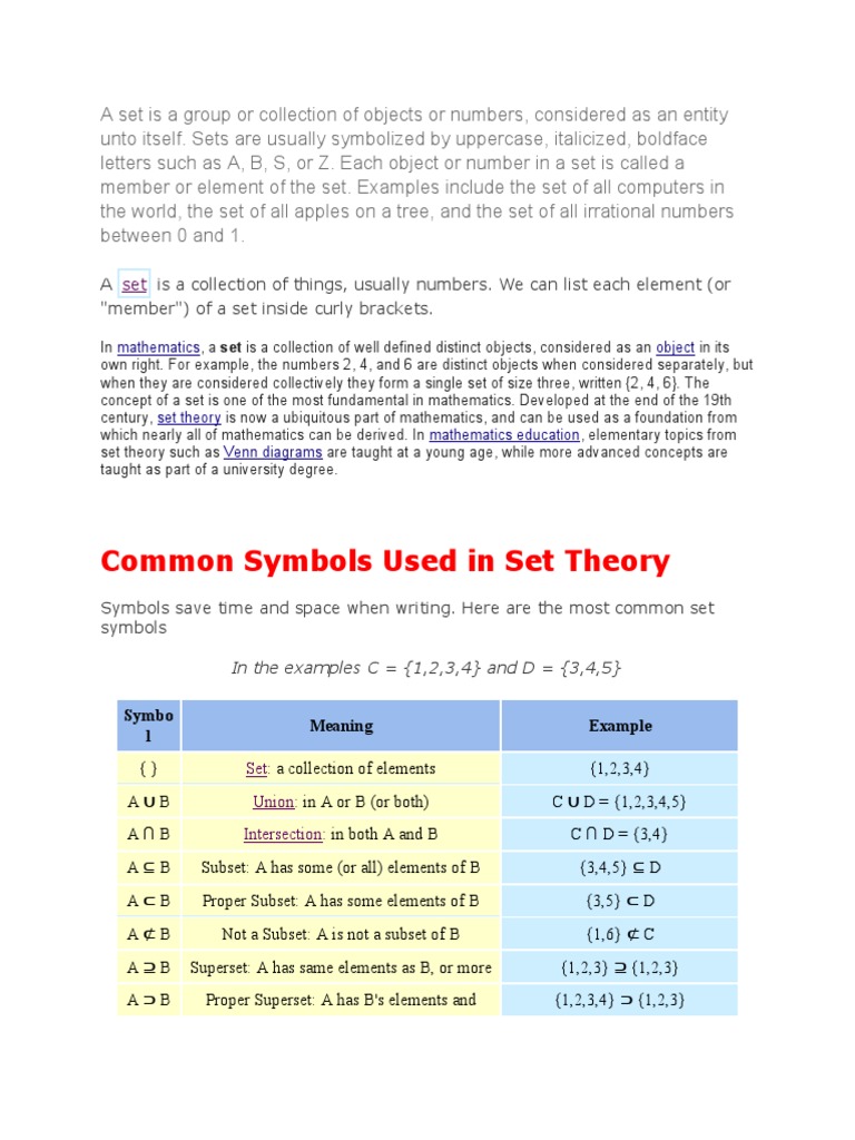 Common Symbols Used in Set Theory | PDF | Set (Mathematics) | Numbers