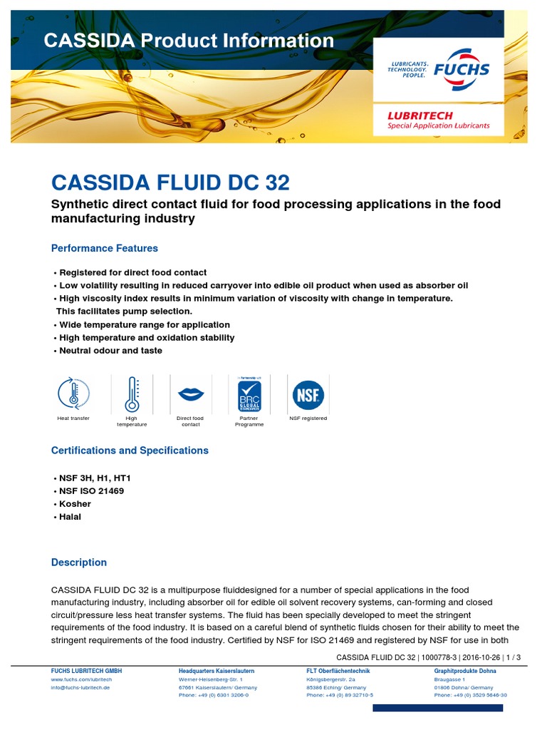 Cassida Fluid DC 32: Synthetic Direct Contact Fluid For Food Processing Applications in The Food ...