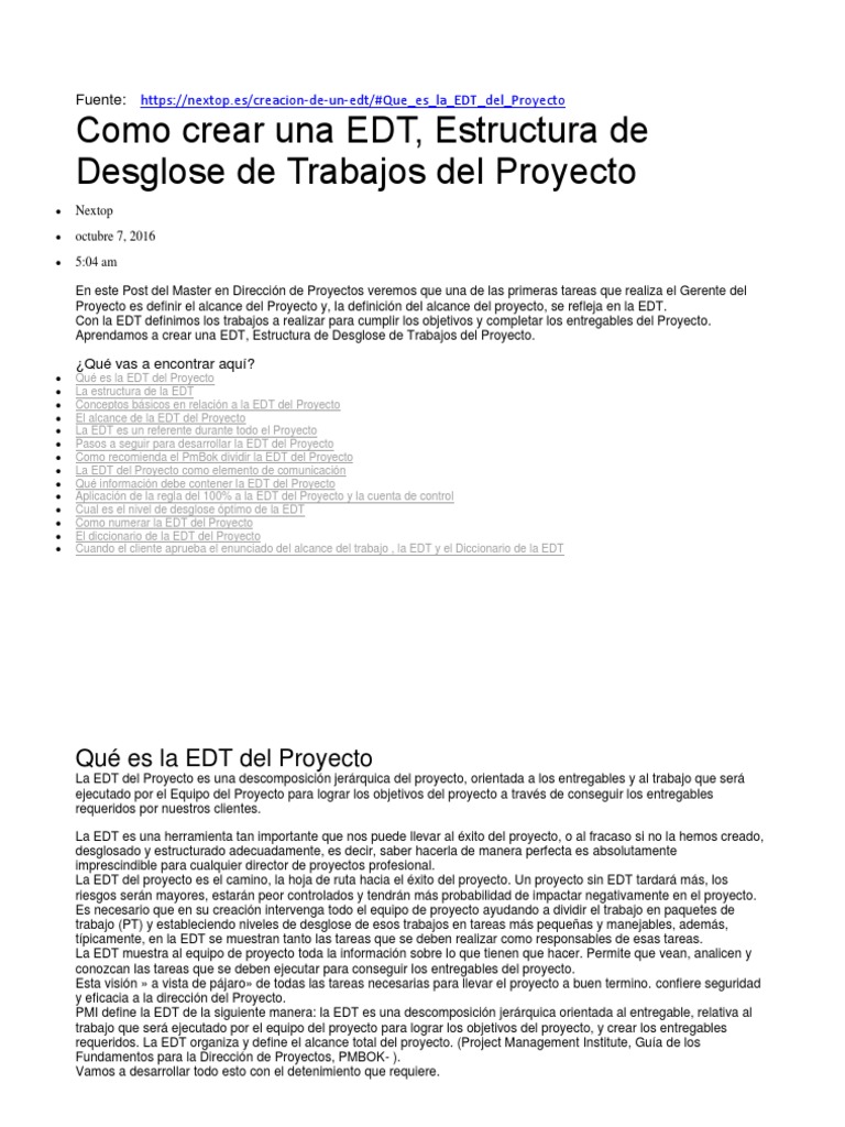 Cómo crear una EDT para gestionar las tareas de un proyecto | PDF ...