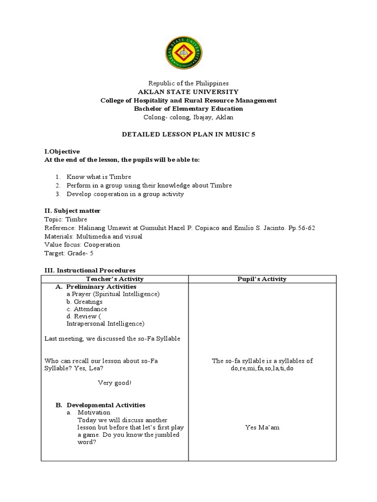 Grade 5 Lesson Plan on Timbre | PDF | Musical Instruments | Sound