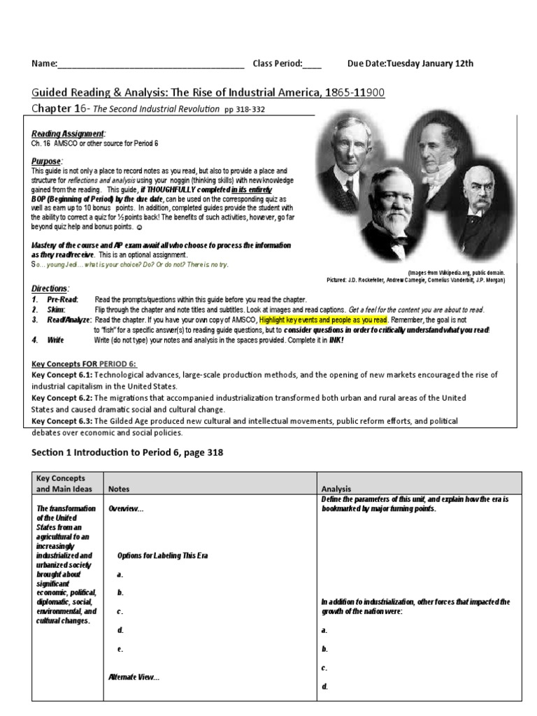 Guided Reading & Analysis: The Rise of Industrial America, 1865-11900 ...