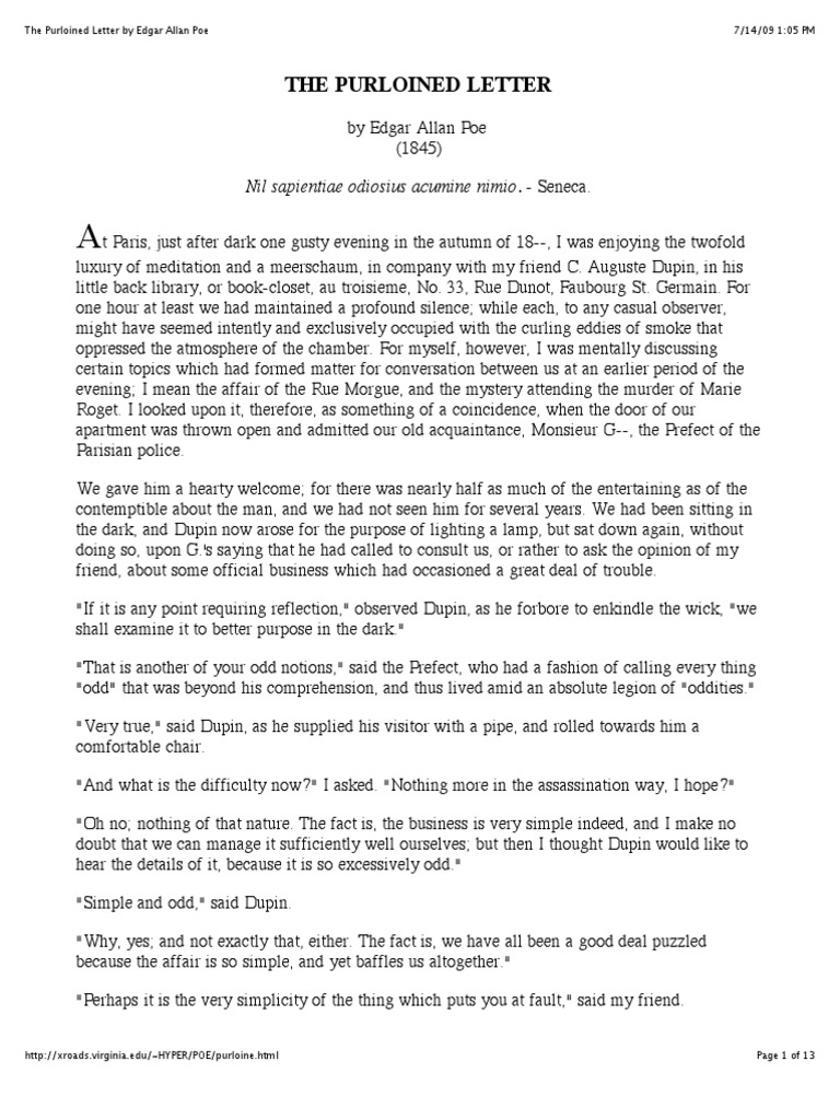 The Purloined Letter by Edgar Allan Poe | PDF | C. Auguste Dupin | Truth