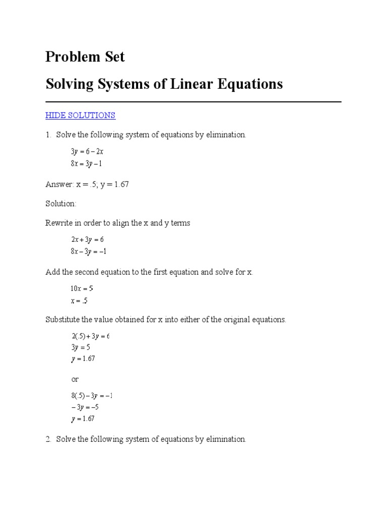 Problem Set Solving Systems of Linear Equations: Hide Solutions ...