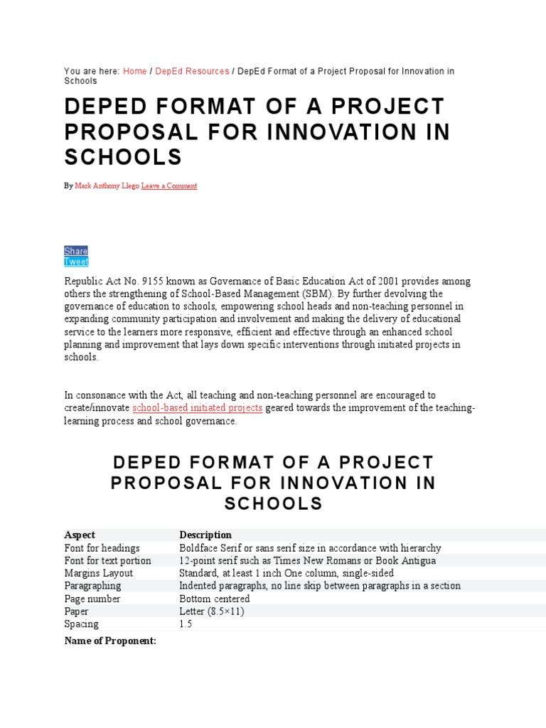 Deped Format of A Project Proposal For Innovation in Schools | PDF ...