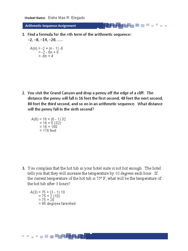 Arithmetic Sequence Assignment: Eishe Mae R. Elegado | PDF