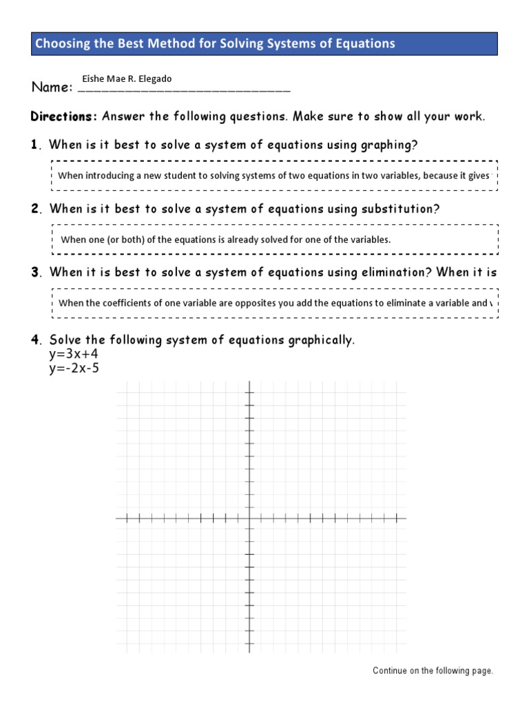 Name:: Choosing The Best Method For Solving Systems of Equations | PDF ...