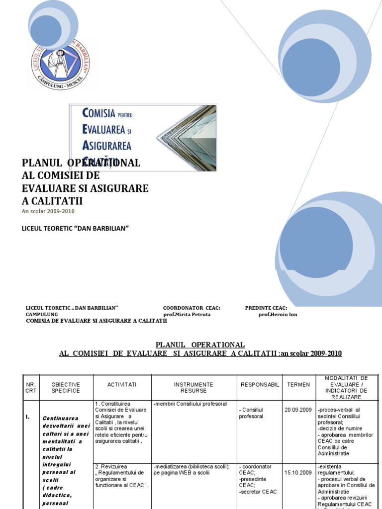 Plan Operational CEAC 2009-2010 Dan Barb | PDF