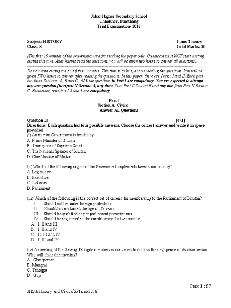 JHSS Trial Exam X History 2018 | PDF | Bhutan | Government