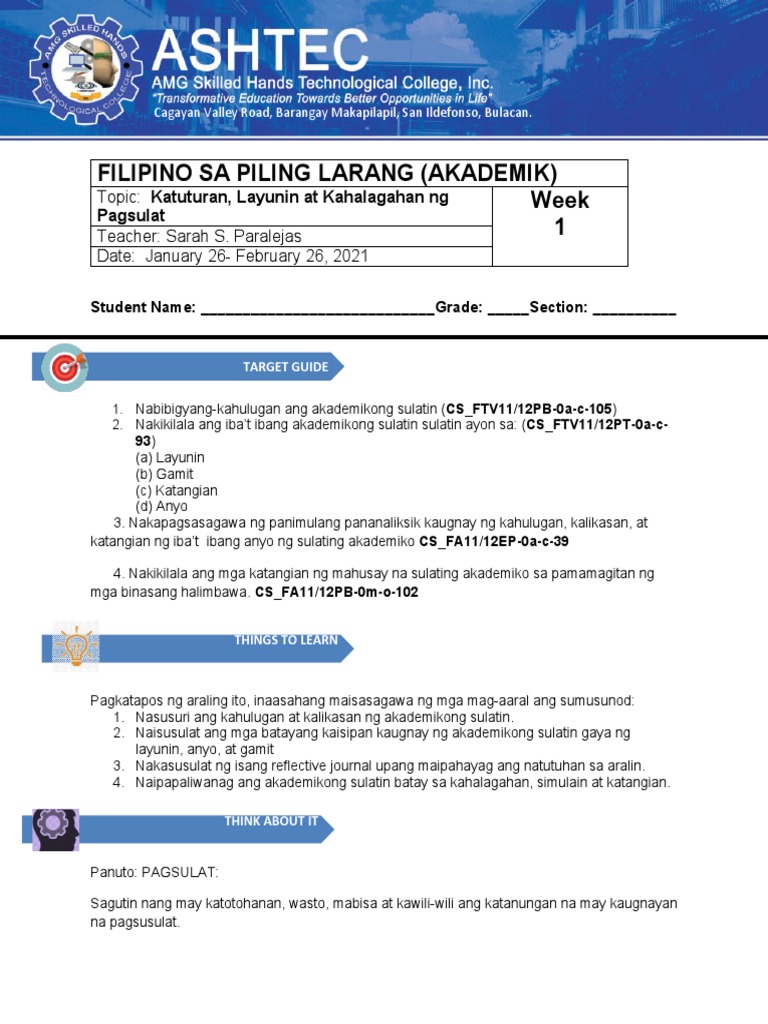 FILIPINO SA PILING LARANG (AKAD) Week 1-4 | PDF