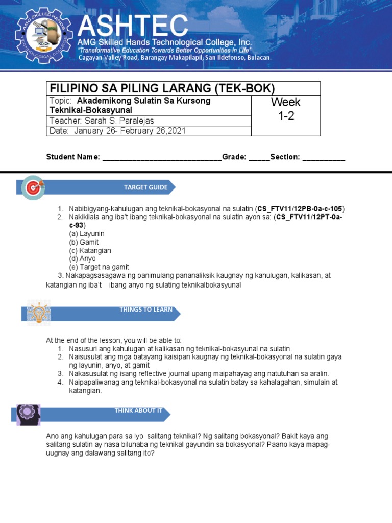 FILIPINO SA PILING LARANG (TVL) Week 1-2 | PDF