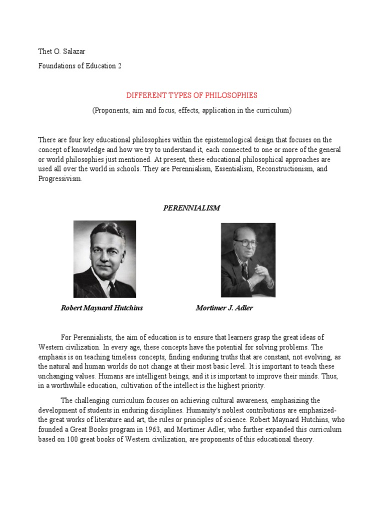Different Types of Philosophies: Perennialism | PDF | Existentialism ...