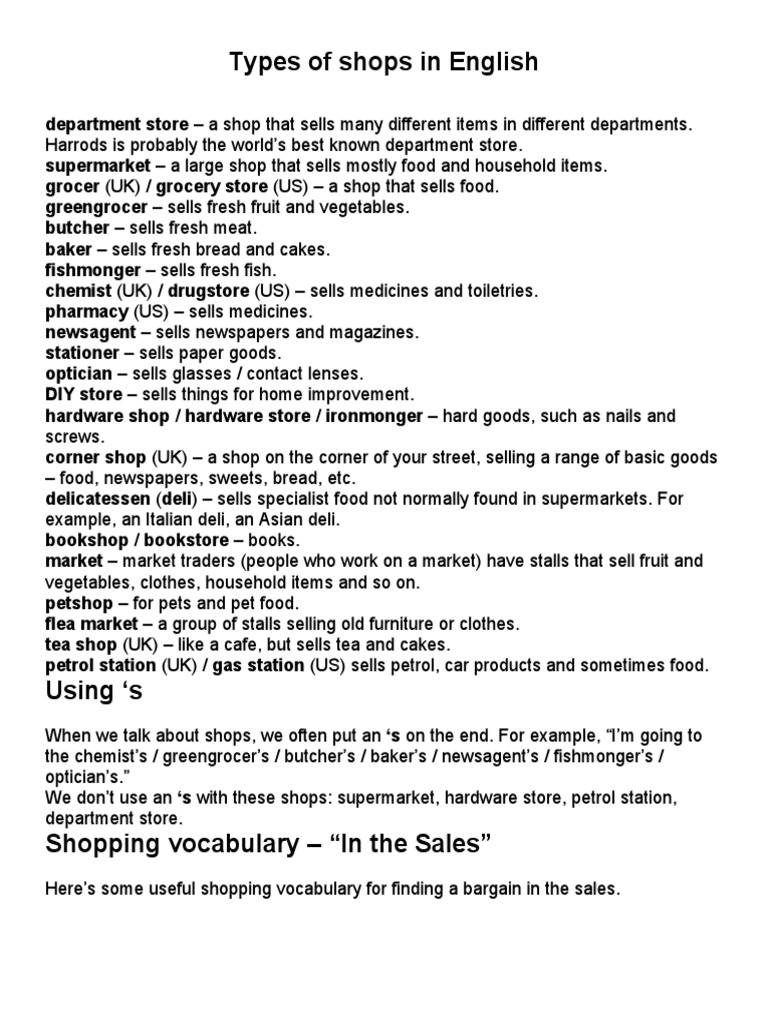 Types of Shops in English | PDF | Delicatessen | Grocery Store