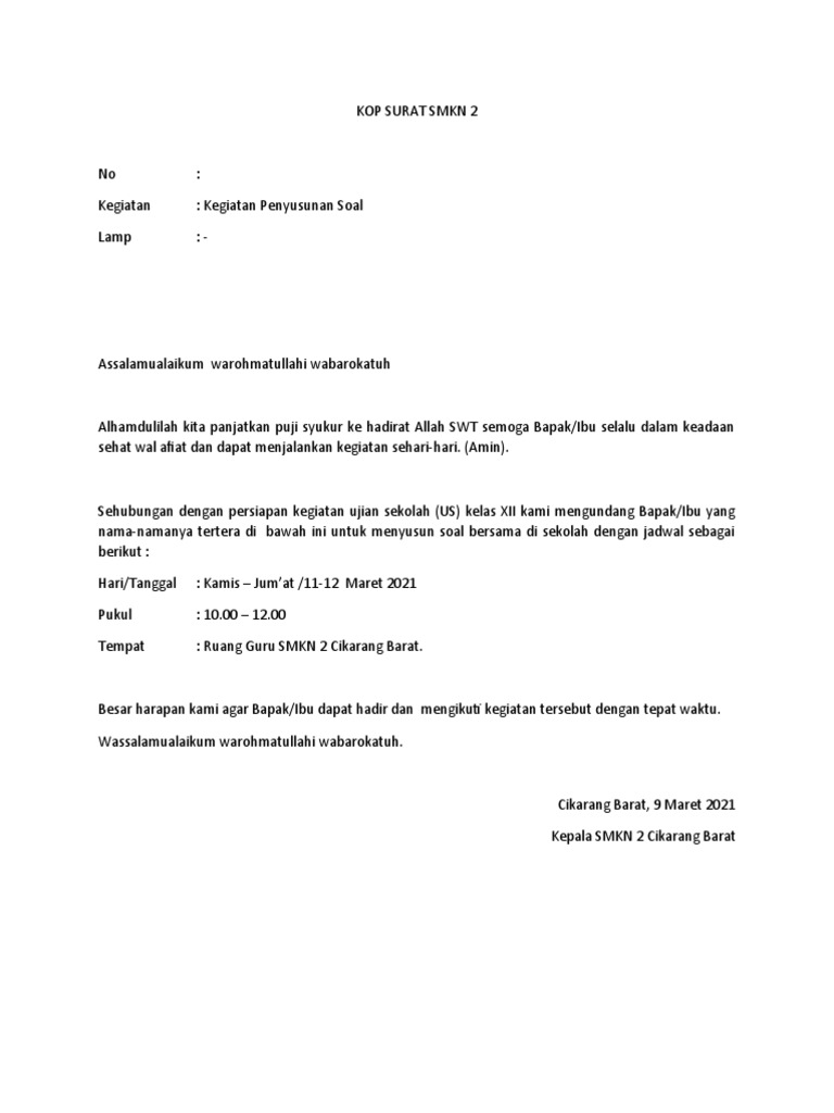 Surat Undangan Penyusunan Soal US | PDF