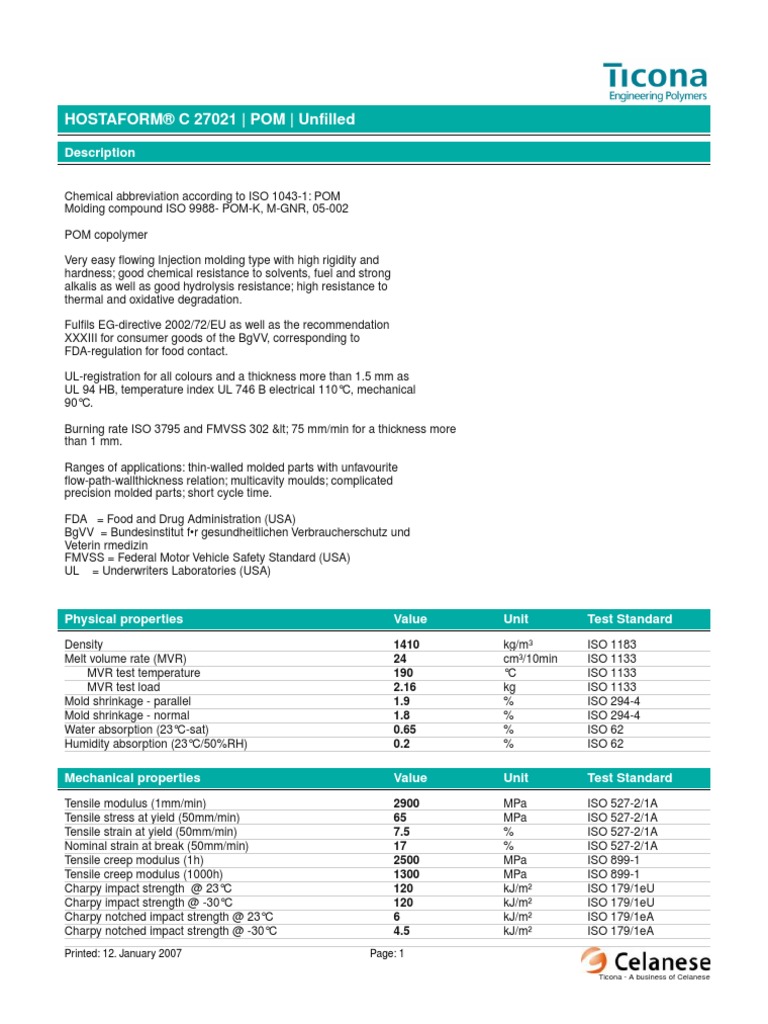 HOSTAFORM® C 27021 - POM - Unfilled: Description | PDF | Electrical ...