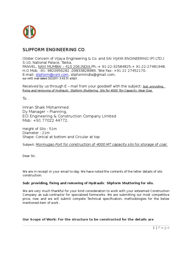 Quotation For Silo Slipform Work Mycon 001 01032011 | PDF | Concrete | Structural Engineering