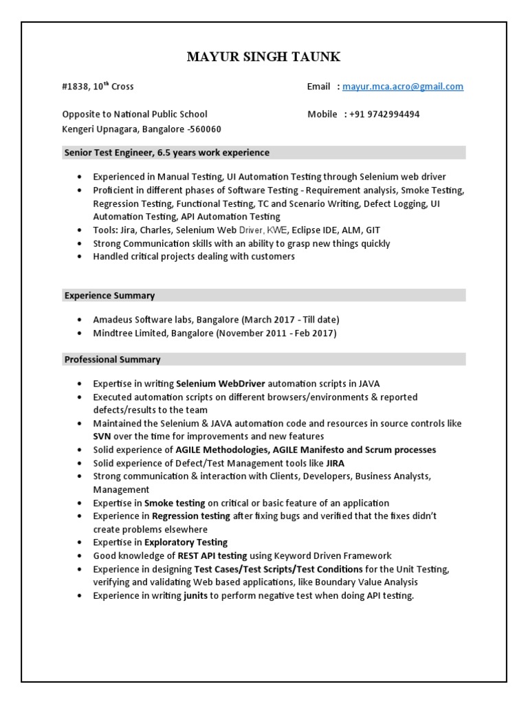 Experienced Selenium Test Engineer Resume | PDF | Selenium (Software ...