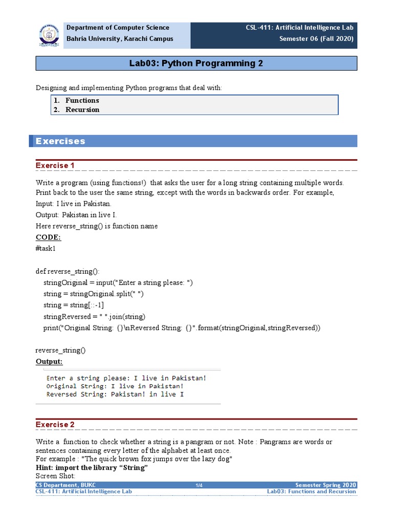 Lab03: Python Programming 2: Exercises | PDF | String (Computer Science) | Subroutine