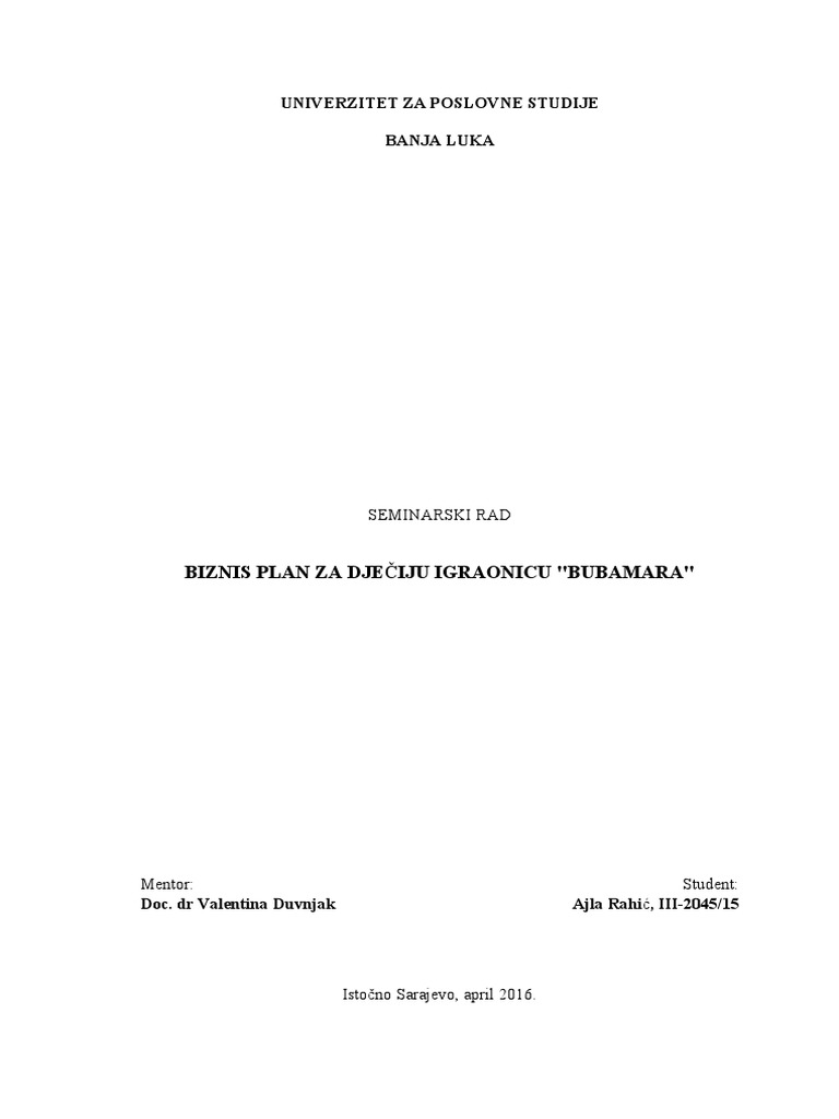 Biznis Plan Igraonica Ajla | PDF