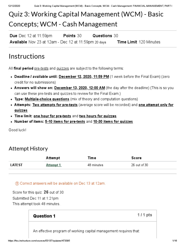 Quiz 3 - Working Capital Management (WCM) - Basic Concepts WCM - Cash ...