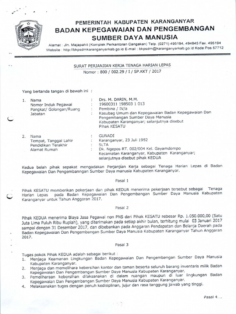 Surat Perjanjian Kontrak THL 1 | PDF