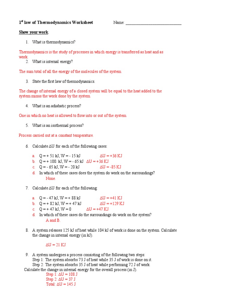 1 Law of Thermodynamics Worksheet: Show Your Work | PDF | Heat | Gases