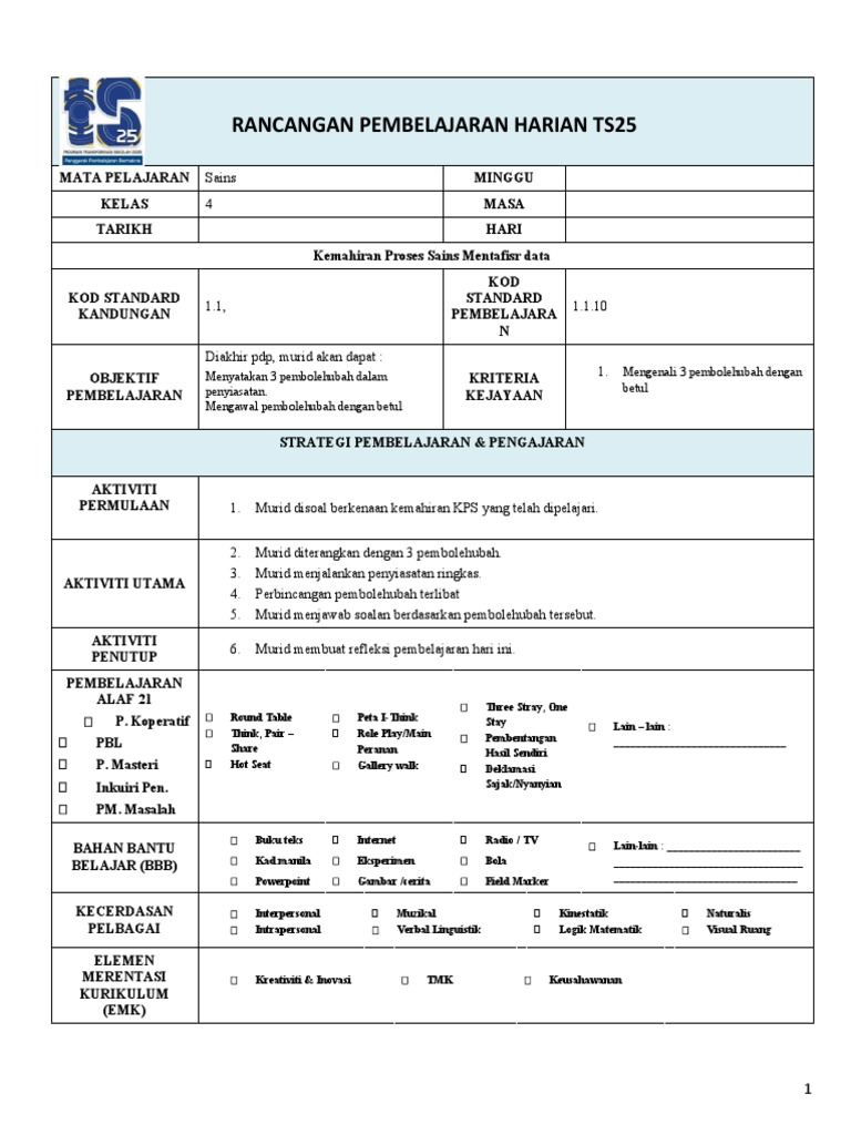 RPH SN Tahun 4 Kemahiran Proses Sains Minggu 3 Hipotesis Dan ...