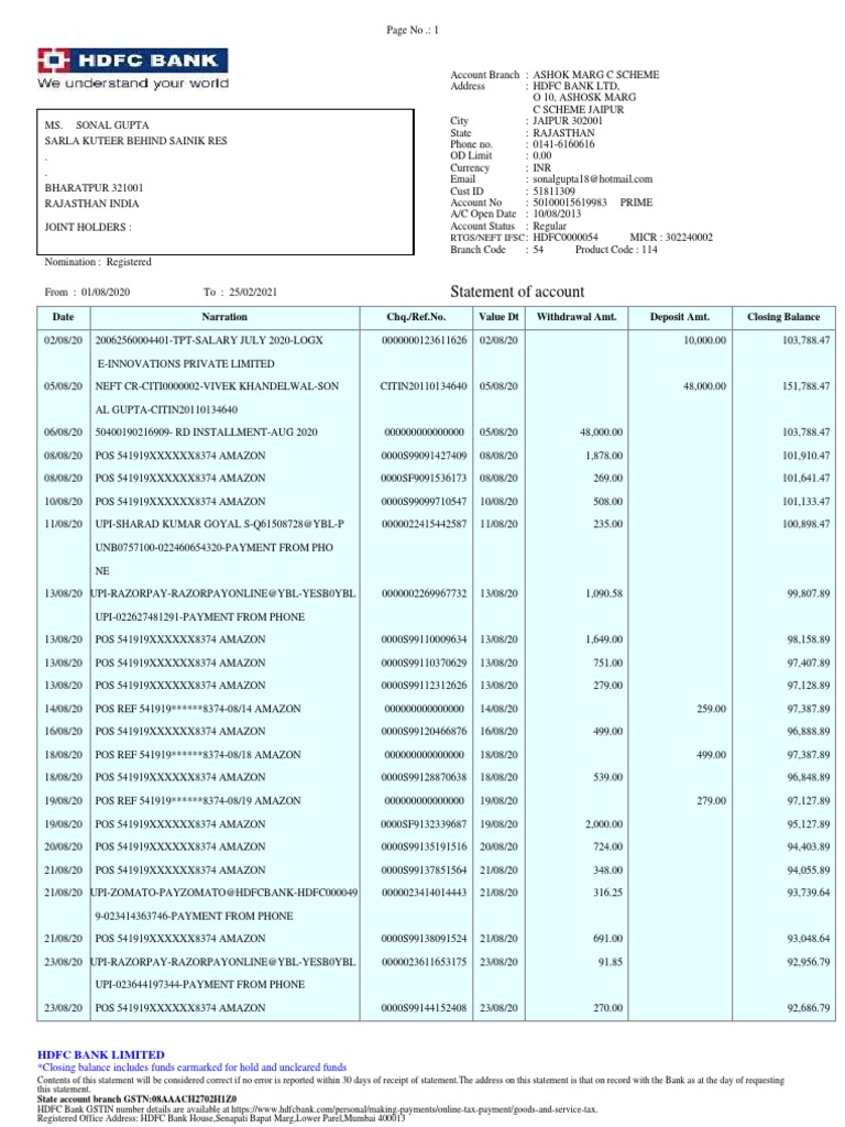 Statement of Account: Date Narration Chq./Ref - No. Value DT Withdrawal ...