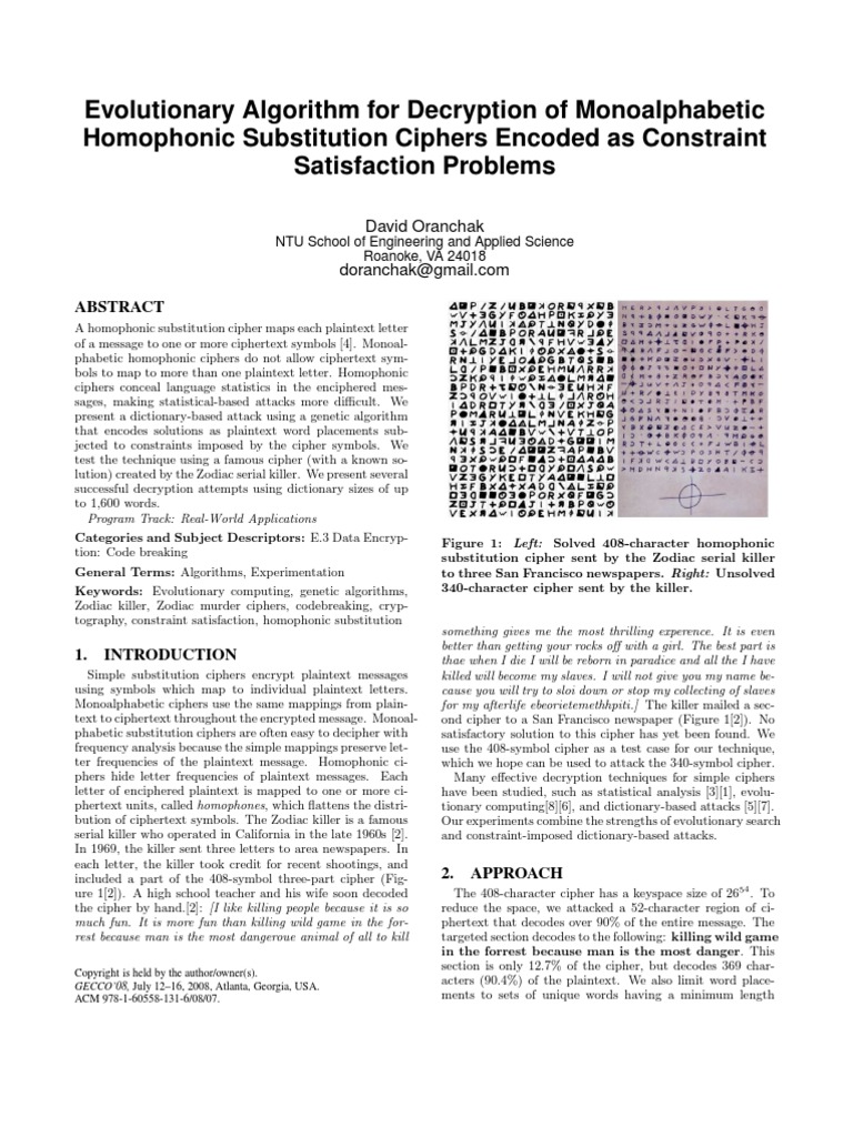 Evolutionary Algorithm For Decryption Of Monoalphabetic Homophonic Substitution Ciphers Encoded