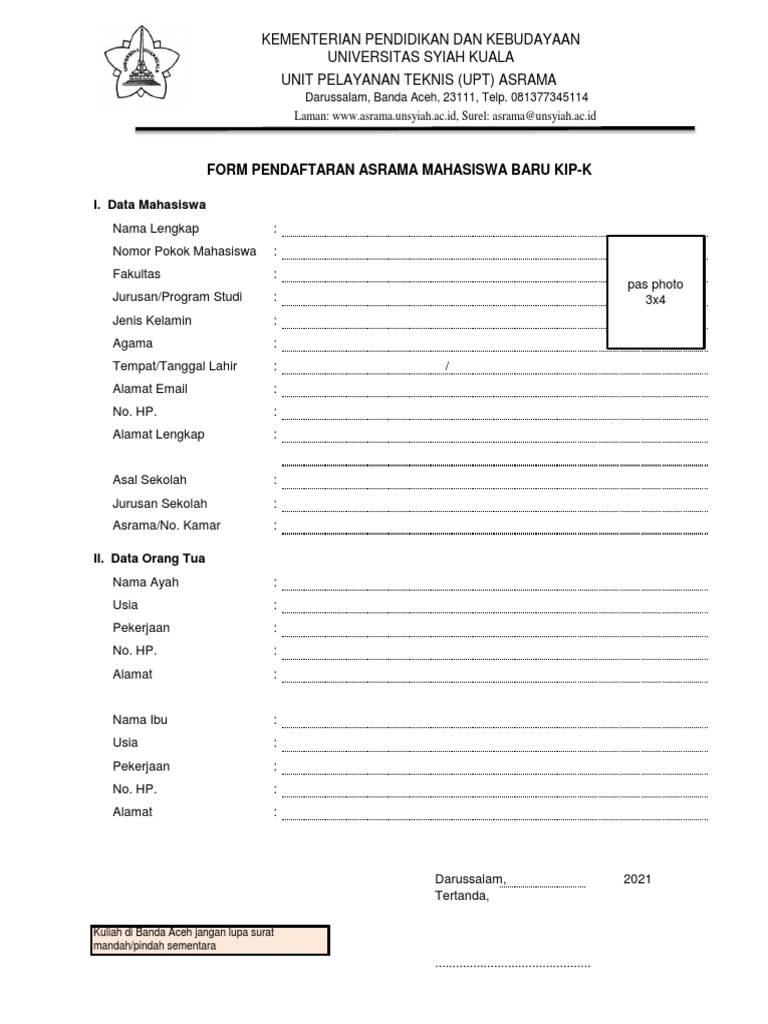 Pendaftaran Asrama Mahasiswa KIP-K | PDF