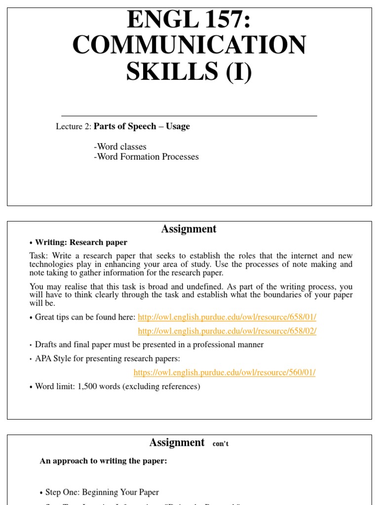 ENGL 157: Communication Skills (I) : Parts of Speech - Usage | PDF ...