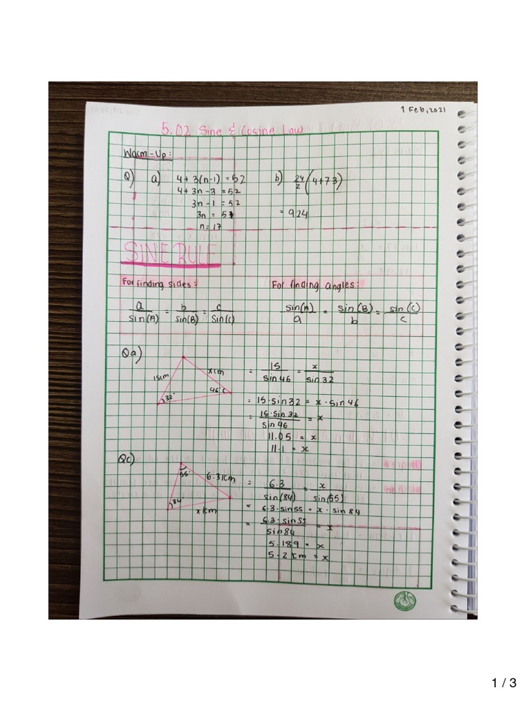 IB Math SL AA Sine and Cosine Law | PDF