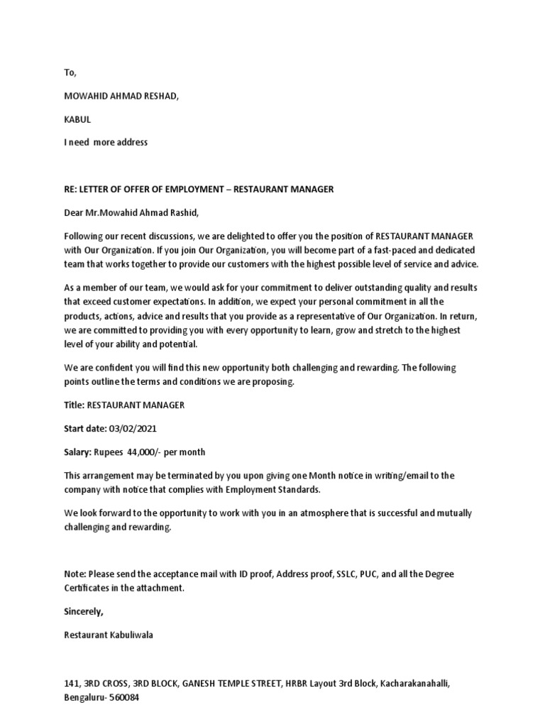 Re: Letter of Offer of Employment - Restaurant Manager | PDF