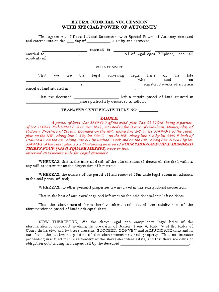 Extrajudicial Succession Agreement Sample | PDF | Inheritance | Property