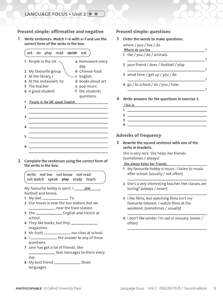 Language Focus - Unit 2: Present Simple: Questions Present Simple ...