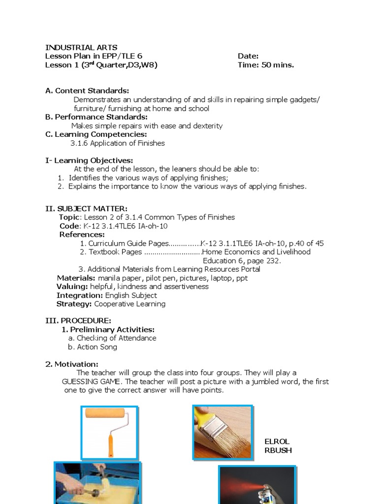 EPP TLE 6 Lesson Plan in IA Day3caren | PDF | Paint | Teachers
