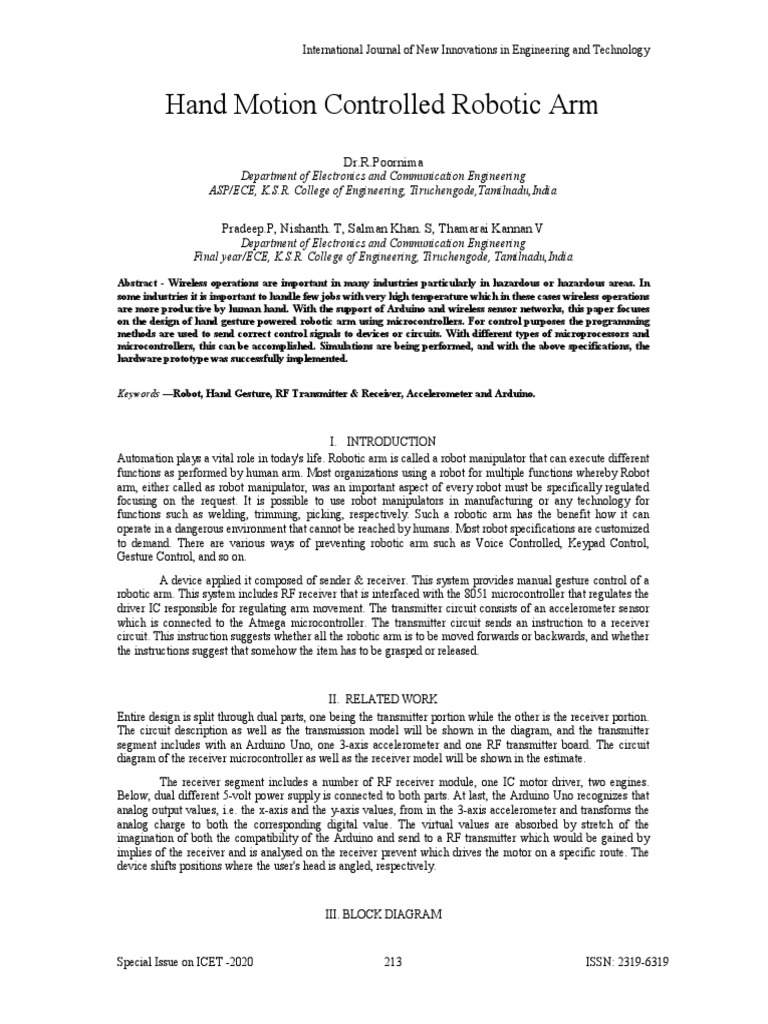 Hand Motion Controlled Robotic Arm | PDF | Electric Motor | Arduino