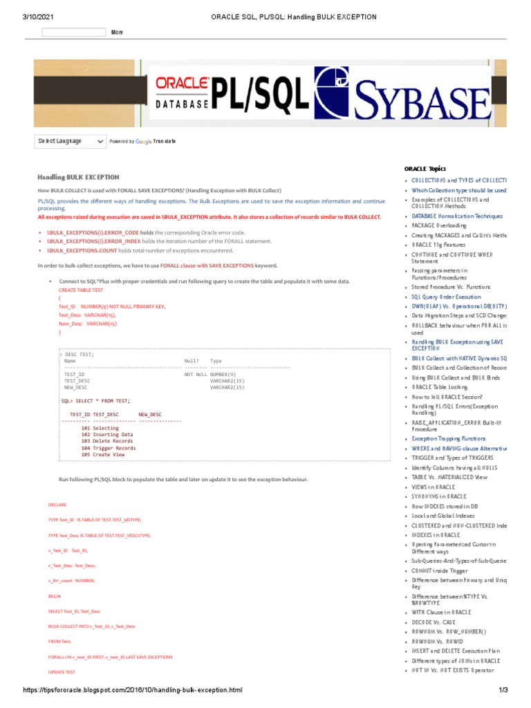 ORACLE SQL, PL - SQL - Handling BULK EXCEPTION | PDF | Pl/Sql | Sql