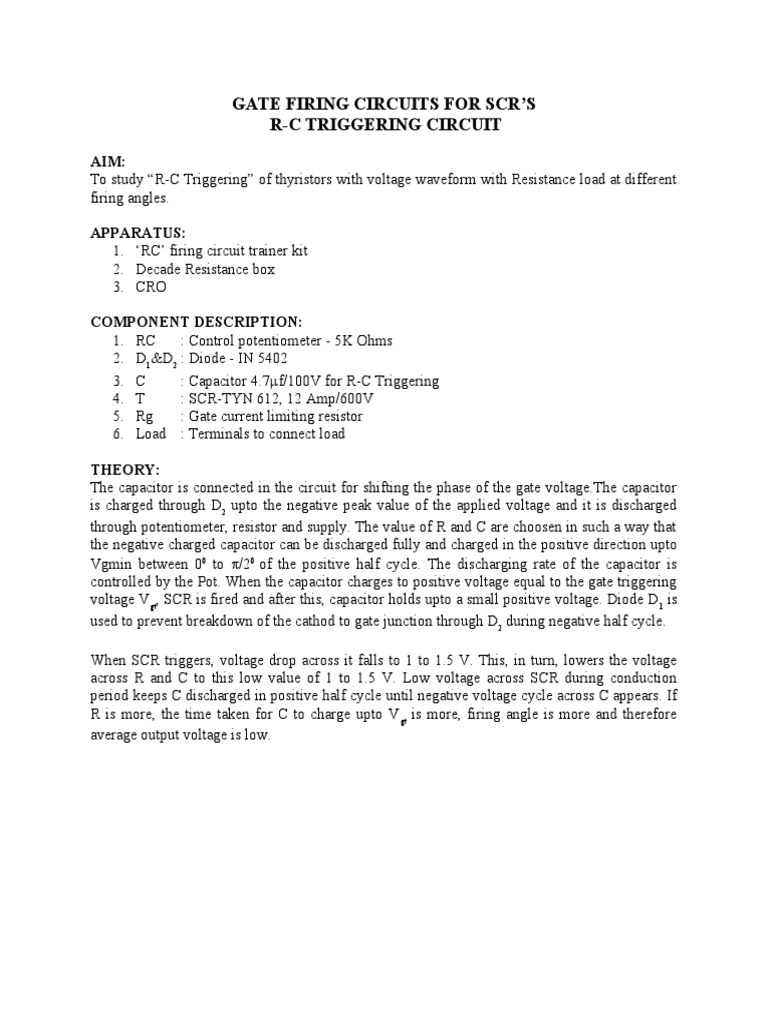 Gate Firing Circuits For SCR'S R-C Triggering Circuit | PDF | Capacitor | Electrical Network
