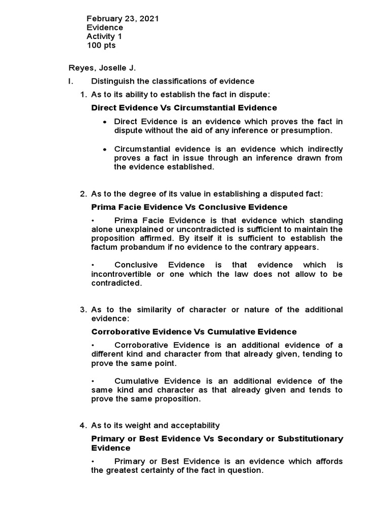 REYES. Evidence-2021-Activity-1-1 | PDF | Evidence | Evidence (Law)