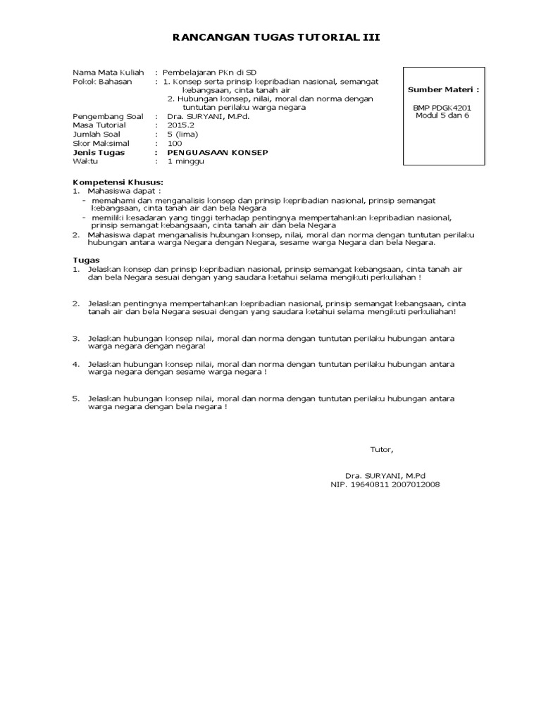 RANCANGAN TUGAS TUTORIAL III PKn SD | PDF