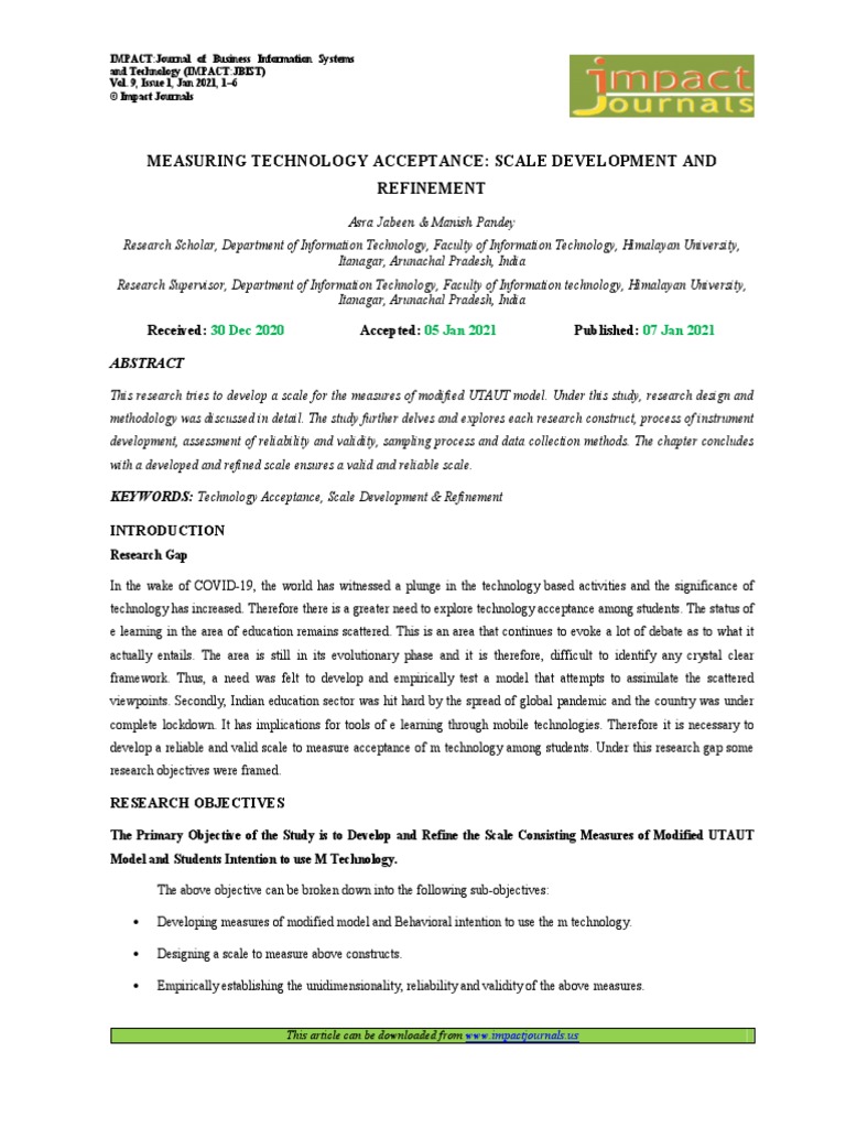 JBSIT - Measuring Technology Acceptance Scale Development and Refinement. | PDF | Validity ...