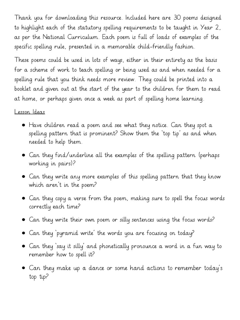 Year 2 Poetry For Spelling | PDF | Consonant | Poetry
